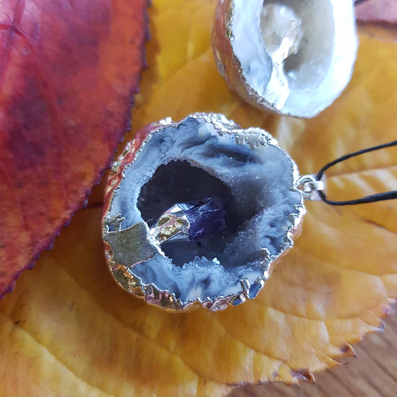 Natural Agate Geode Pendant with Tiny Crystal. (assorted. set in silve ...